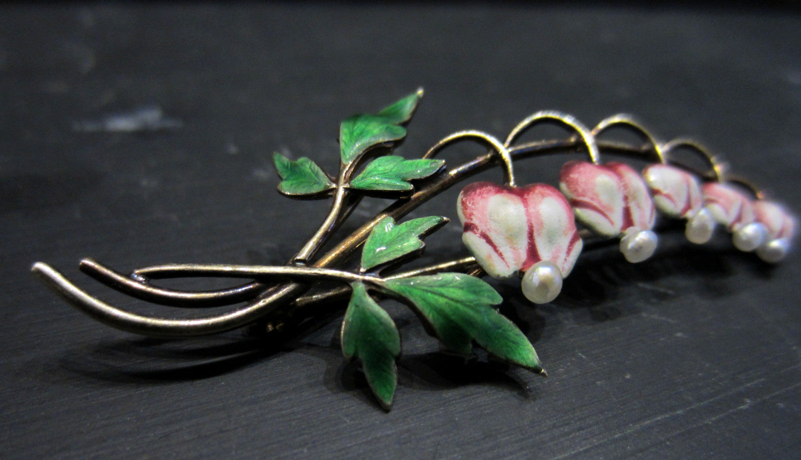 SOLD--Art Nouveau Enamel and Pearl Bleeding Heart Brooch 14k, Krementz ...