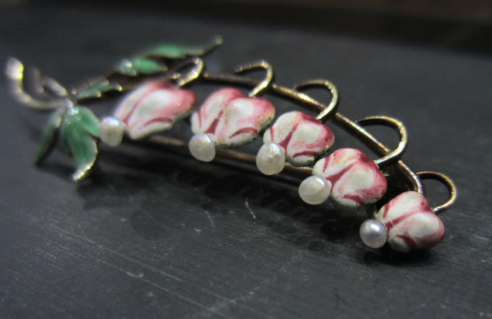 SOLD--Art Nouveau Enamel and Pearl Bleeding Heart Brooch 14k, Krementz ...