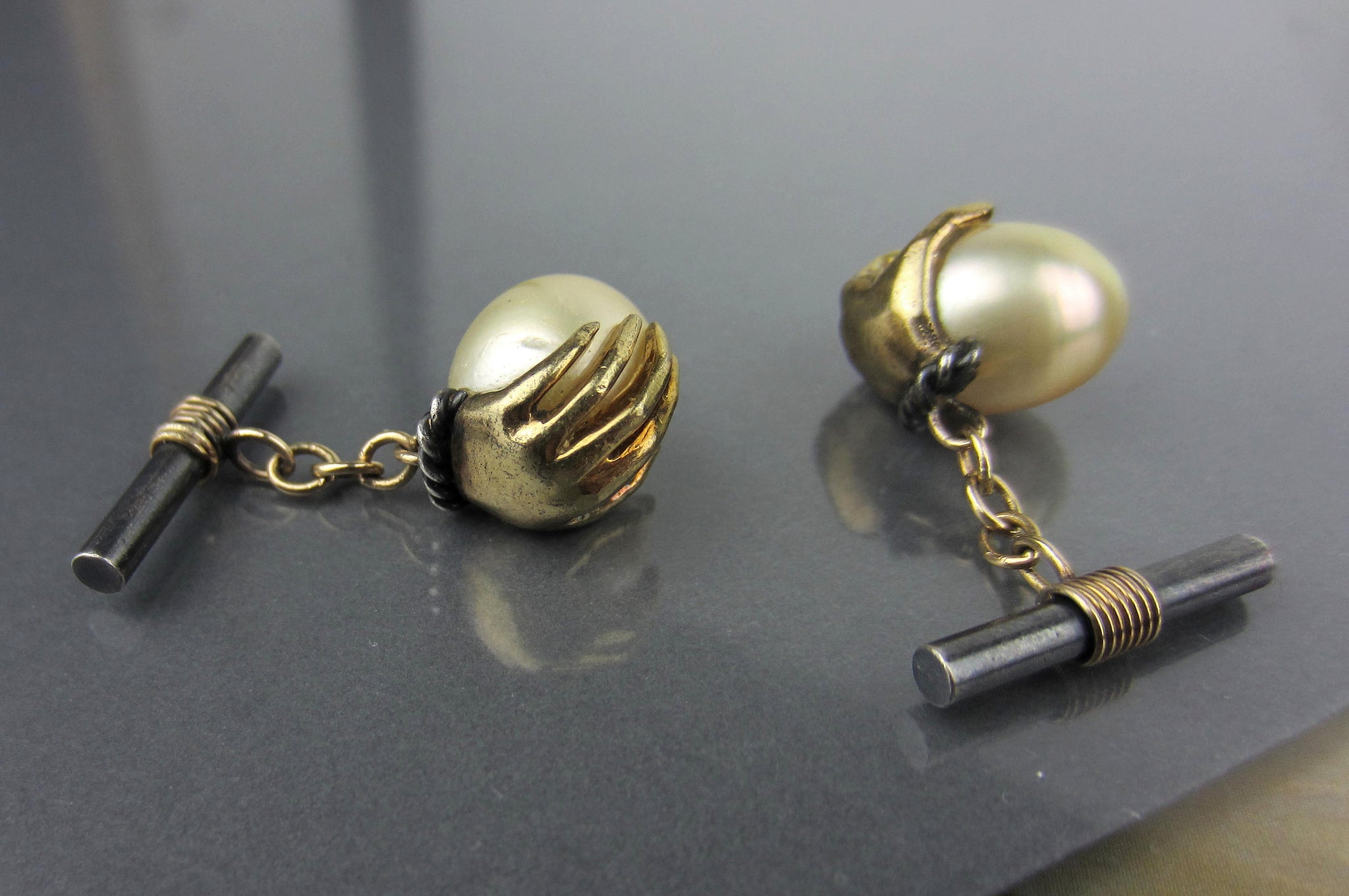 SOLD--Mid-Century Hand Holding a Pearl Egg Cufflinks 18k and Sterling ...