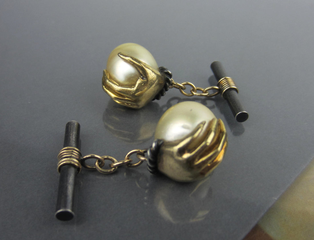 SOLD--Mid-Century Hand Holding a Pearl Egg Cufflinks 18k and Sterling ...