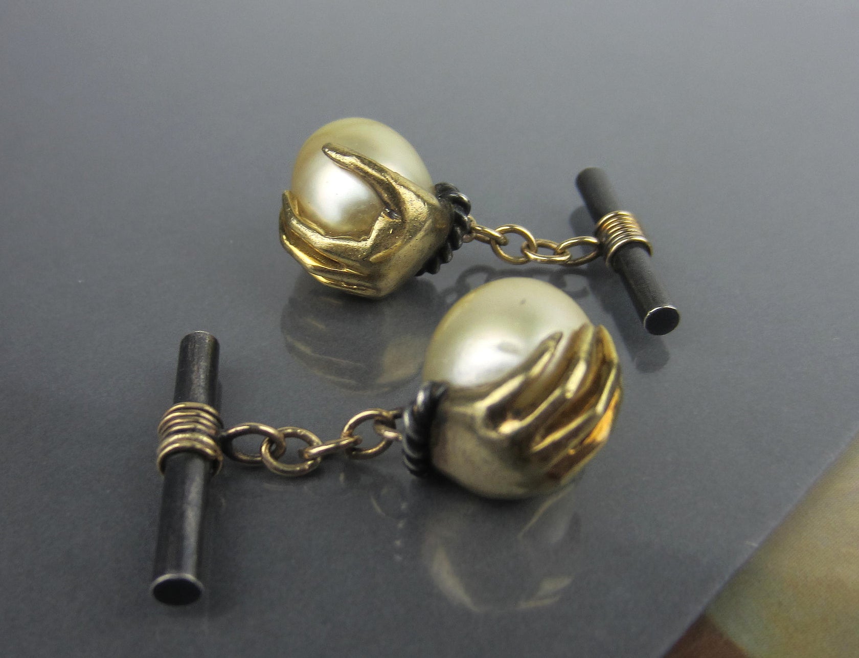 SOLD--Mid-Century Hand Holding a Pearl Egg Cufflinks 18k and Sterling ...