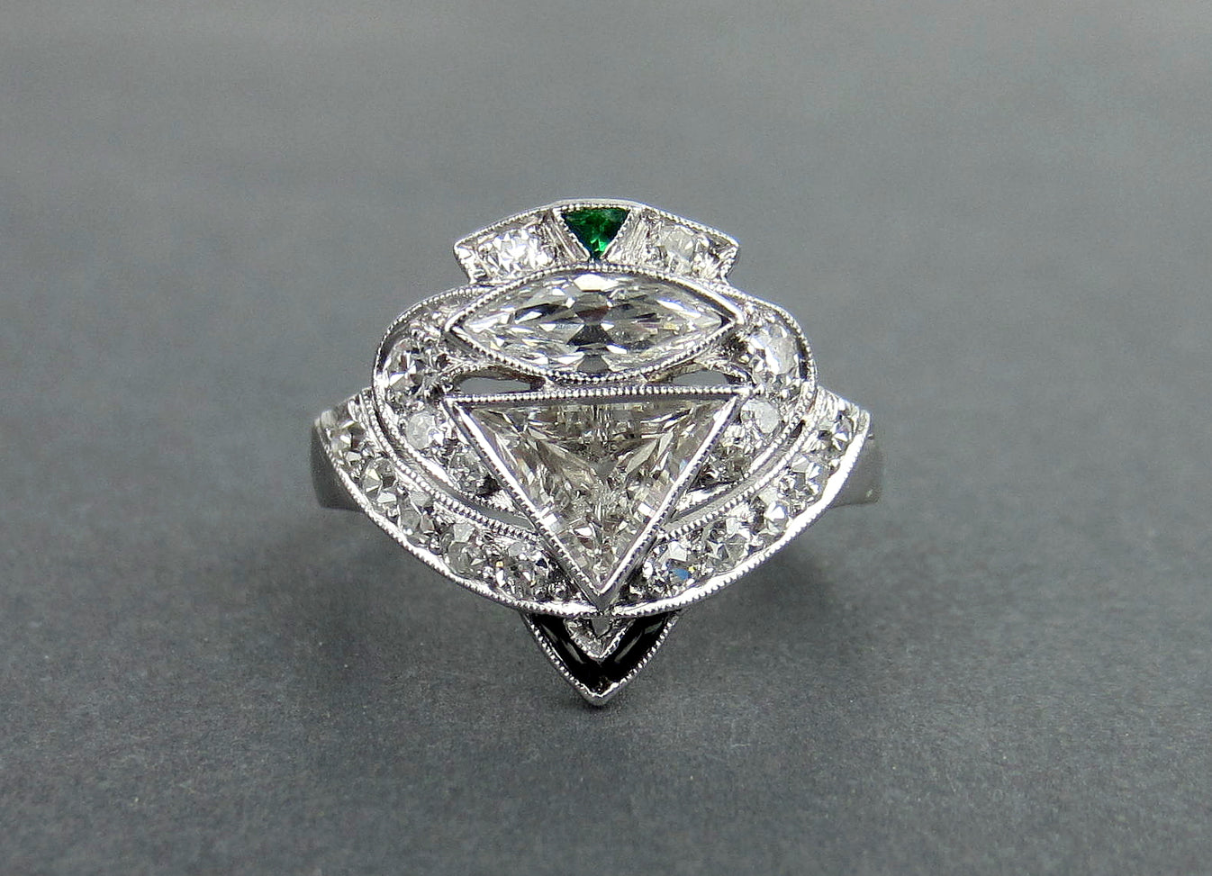 Art Deco Triangular Step Cut and Marquise Cut Diamond Ring Platinum c ...