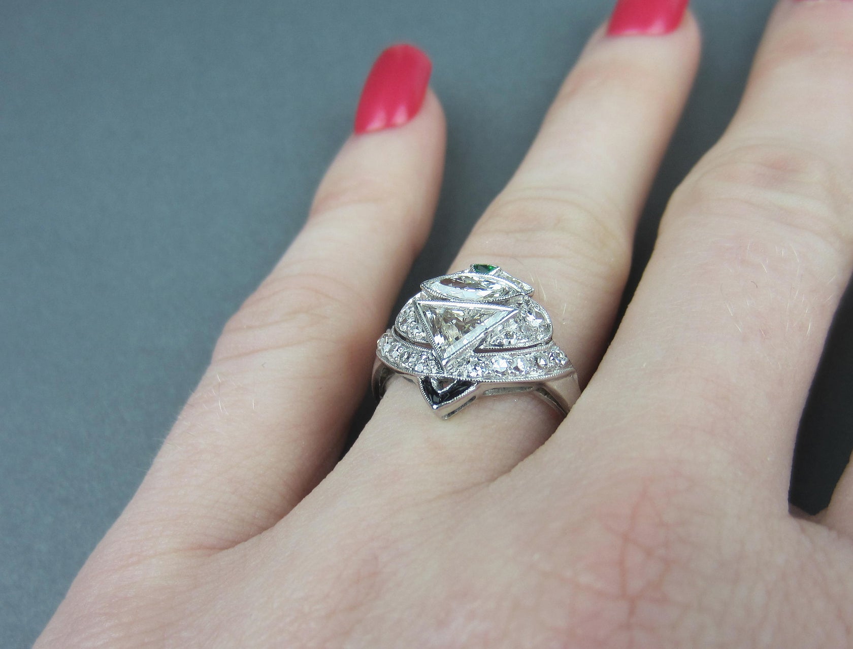 SOLD-Art Deco Triangular Step Cut and Marquise Cut Diamond Ring Platin ...