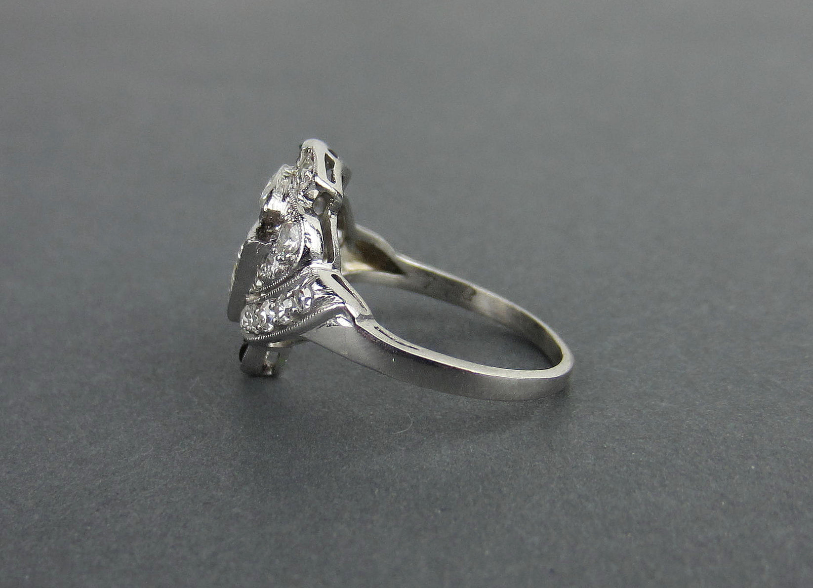 Art Deco Triangular Step Cut and Marquise Cut Diamond Ring Platinum c ...