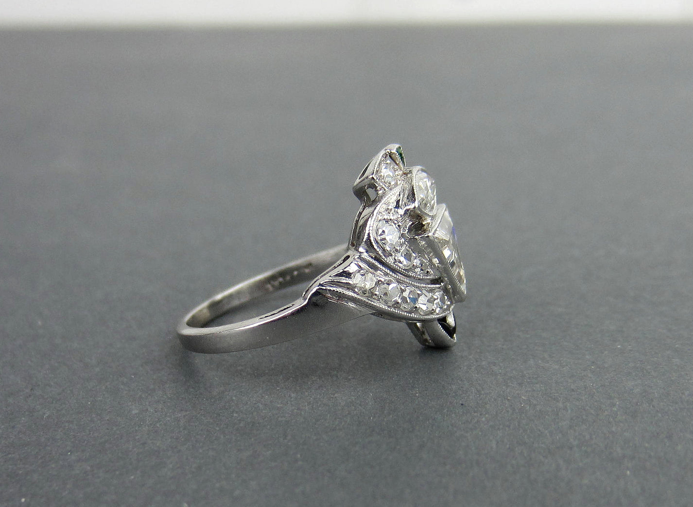 Art Deco Triangular Step Cut and Marquise Cut Diamond Ring Platinum c ...