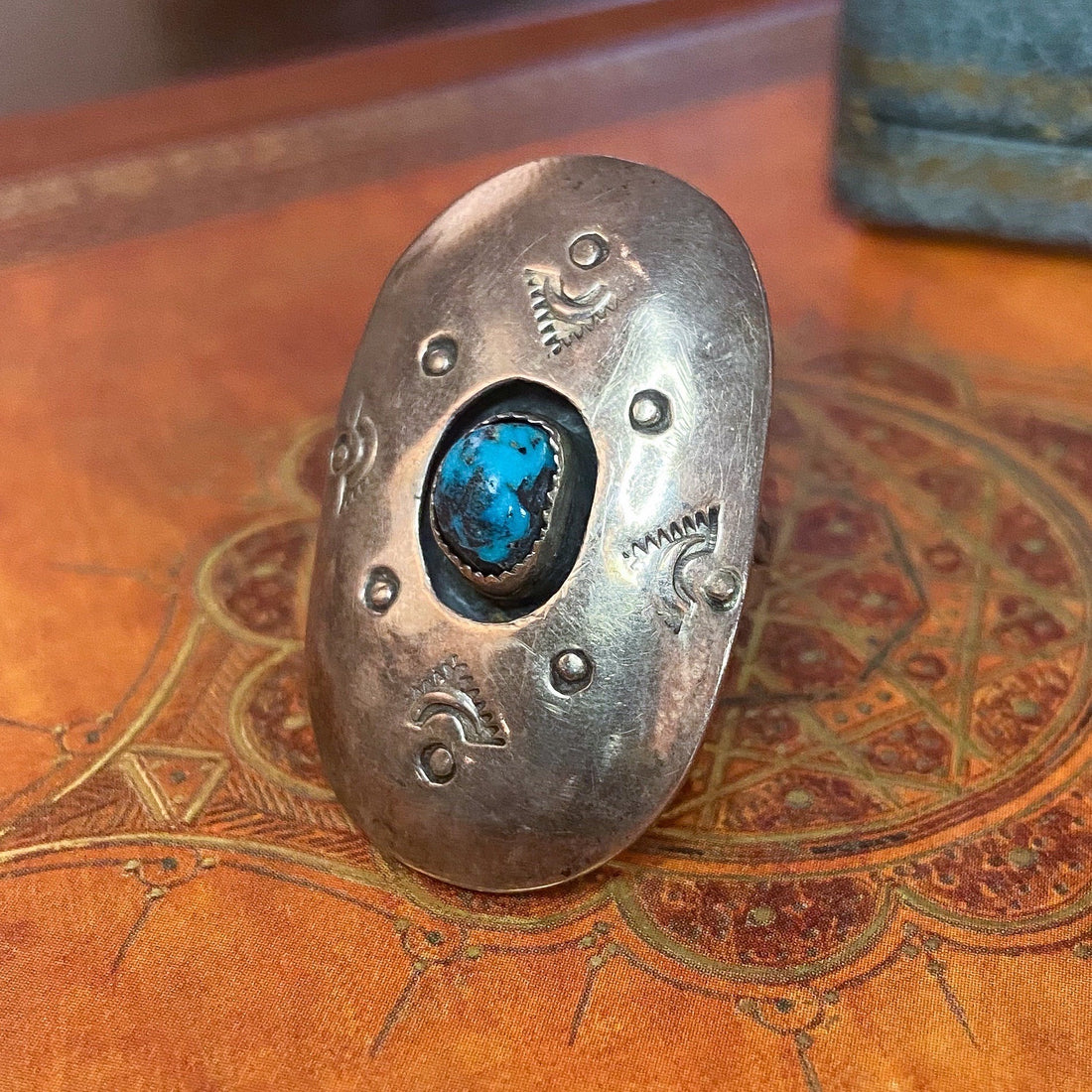 Giant Turquoise Shadow Box Ring Sterling c. 1960 – Bavier Brook